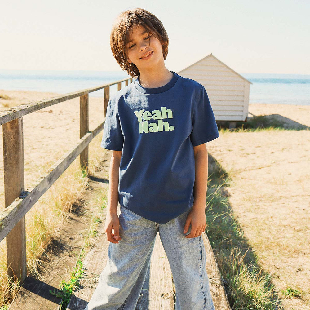 Yeah Nah Kids Slang Tee Navy Cotton Boys Graphic T-Shirt